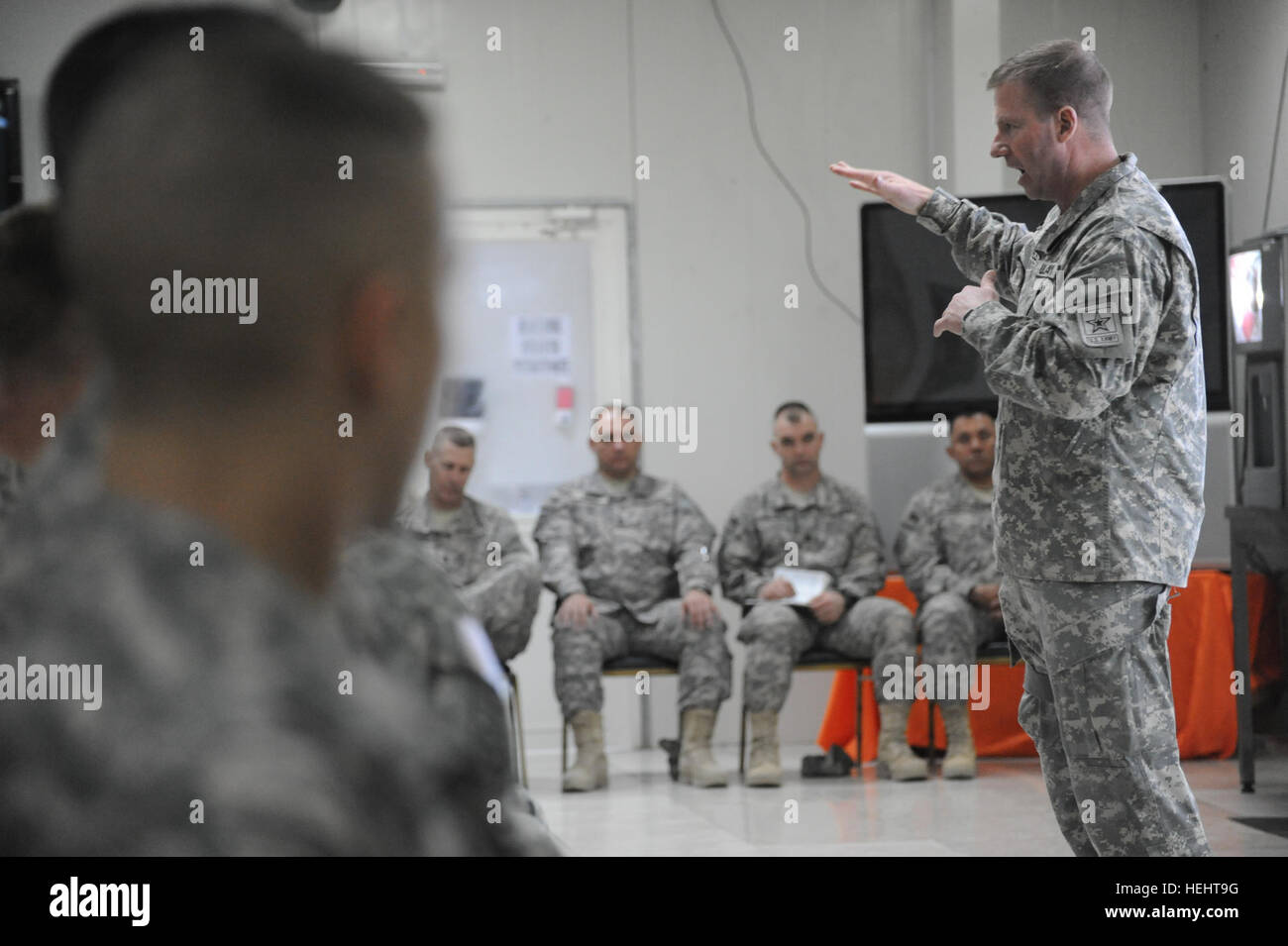 U.S. Sgt. Maj. of the Army Kenneth Preston talks to U.S. Soldiers of ...