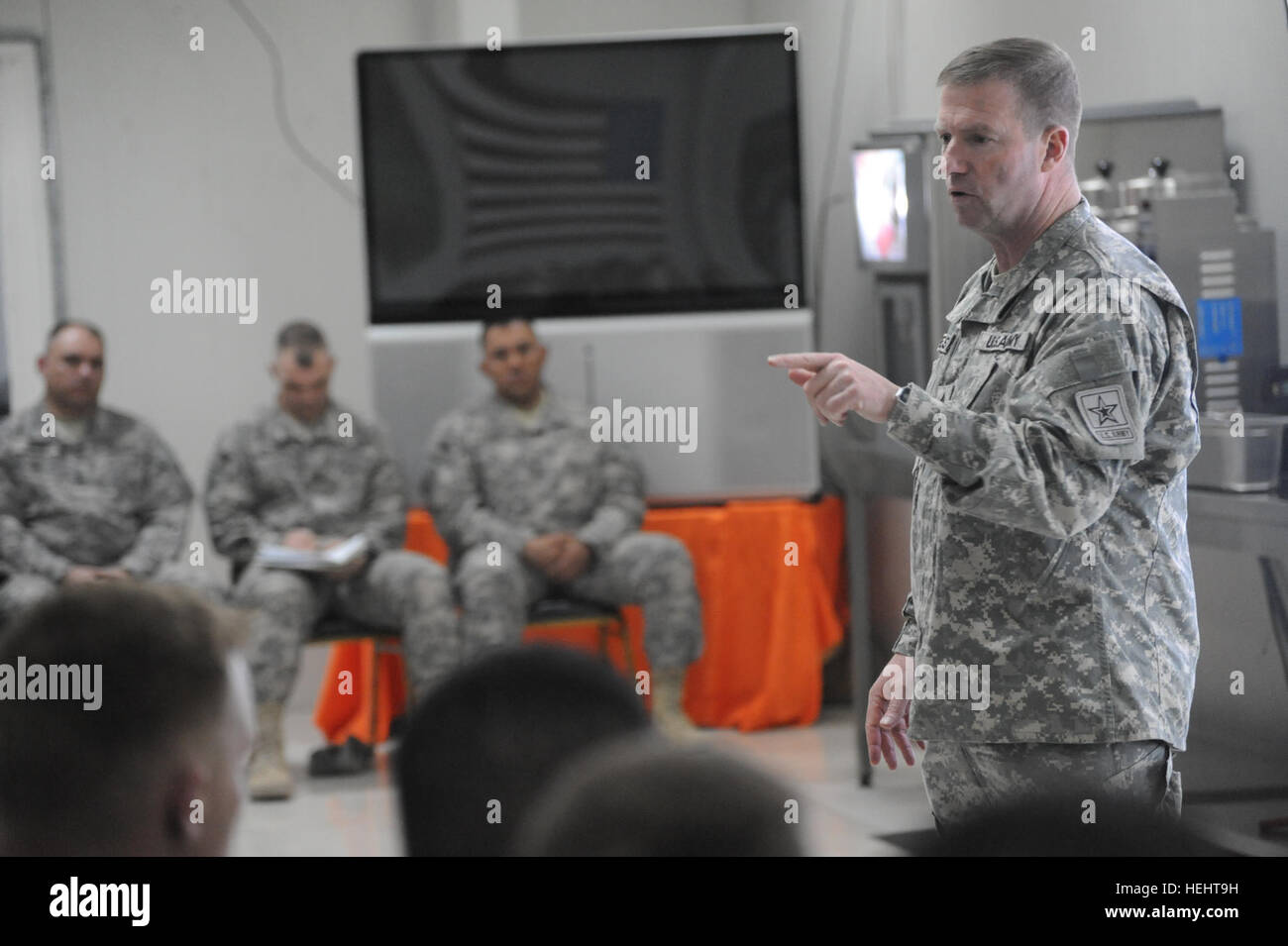 U.S. Sgt. Maj. of the Army Kenneth Preston talks to U.S. Soldiers of ...