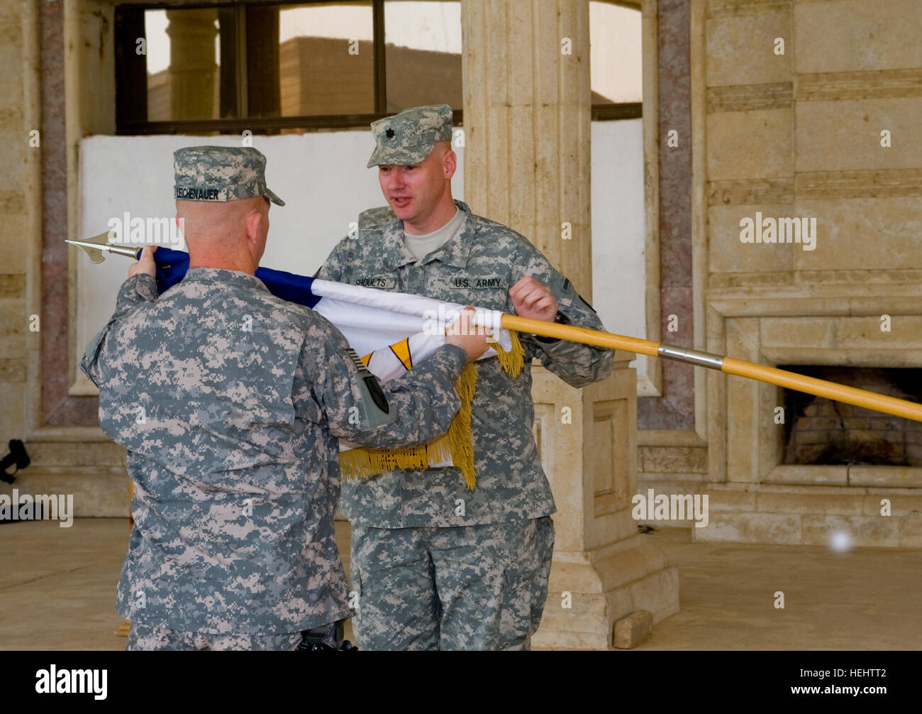 Lt. Col. Hugh Shoults (right), commander, Special Troops Battalion, I ...