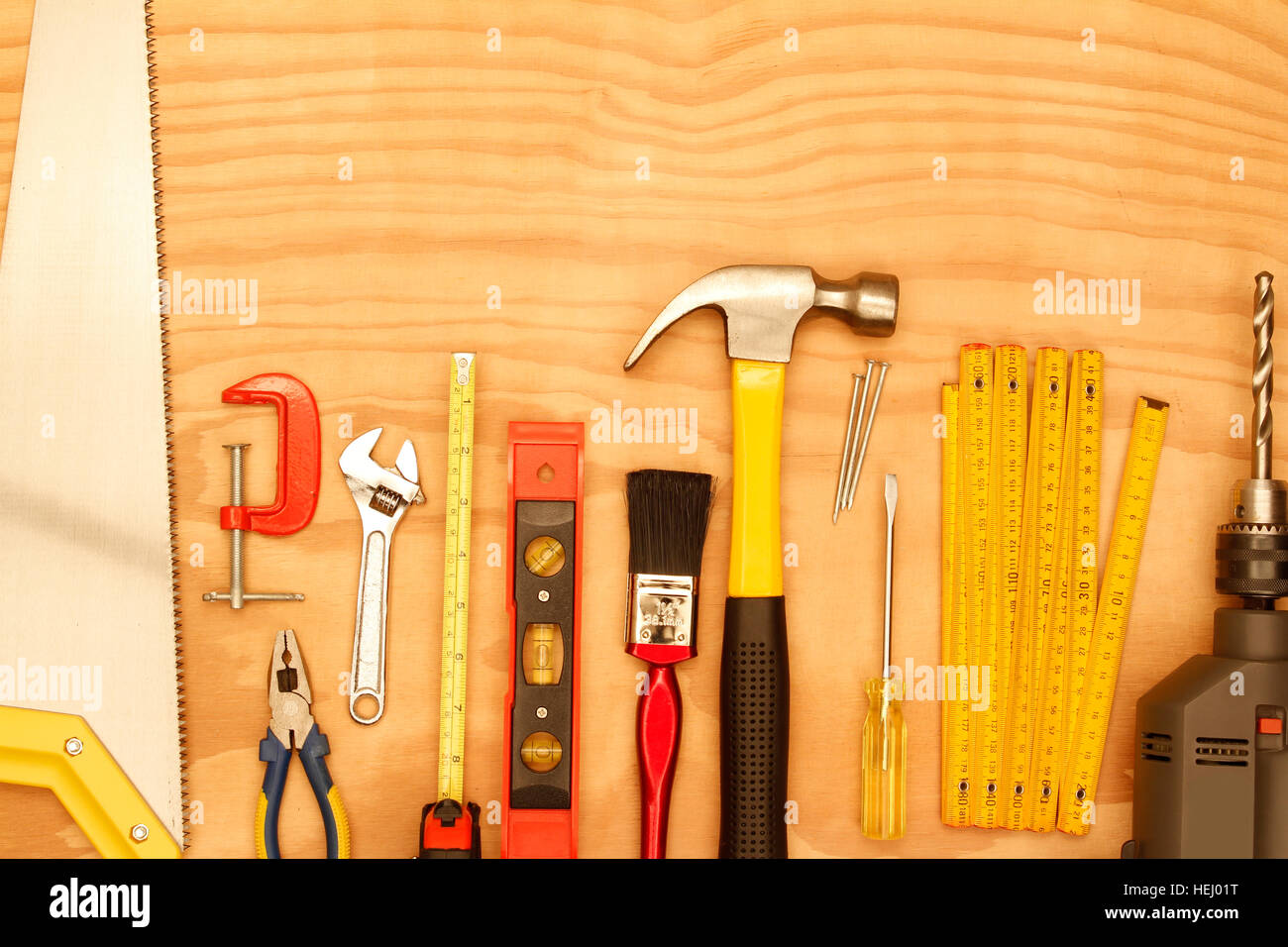 Assorted work tools on wood Stock Photo - Alamy