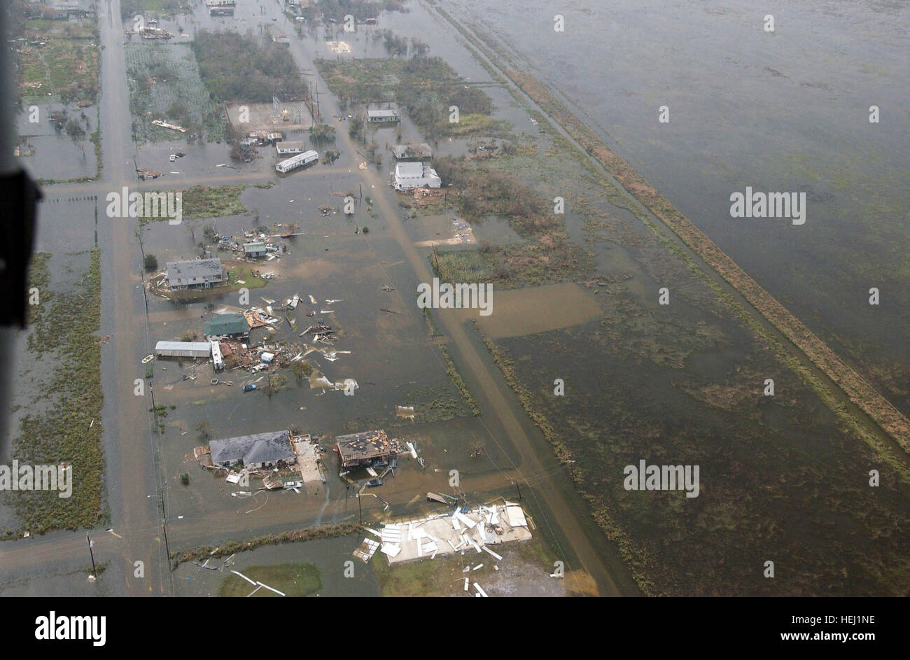An aerial view showing floodwaters and destruction left in the ...