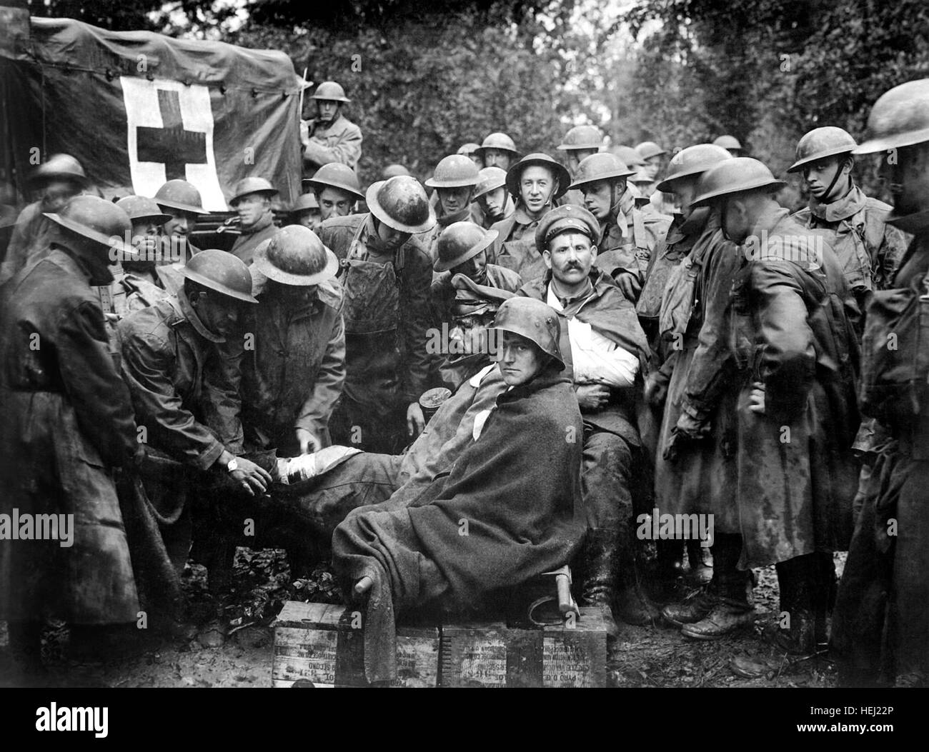 Wounded German prisoners receiving medical attention at first-aid ...