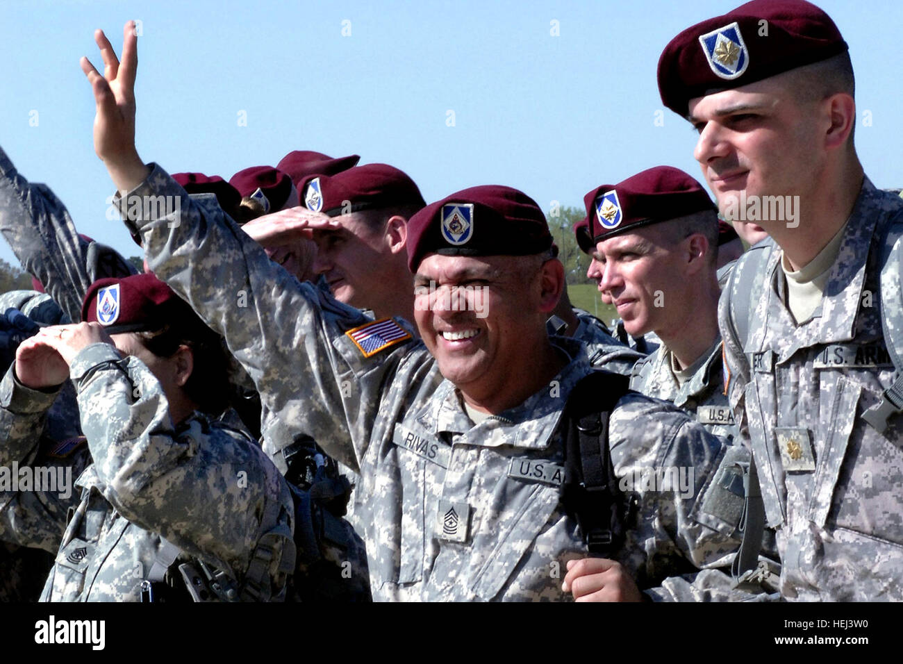 Sgt. Maj. William Rivas, Company A, XVIII Airborne Corps, waves to ...