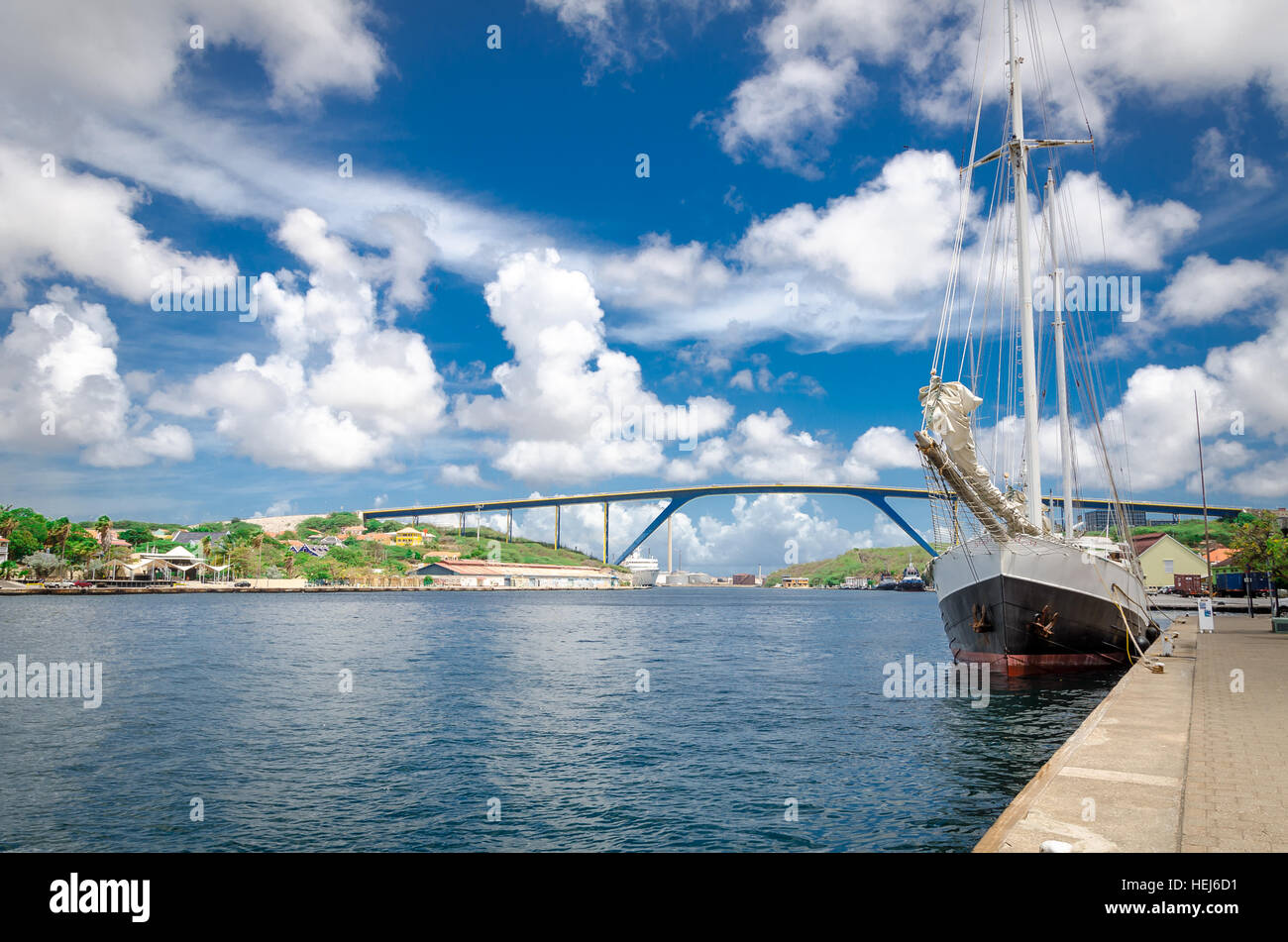 Willemstad, Curacao - Handelskade wharf with Queen Juliana Bridge in as ...