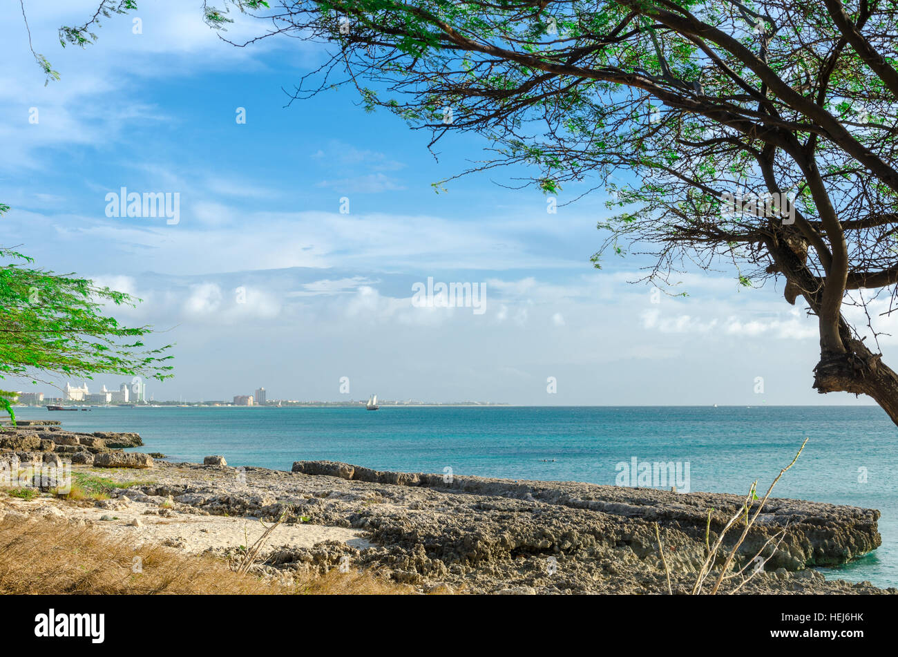 Panorama view of the image taken from Malmok Beach, Aruba, in the ...