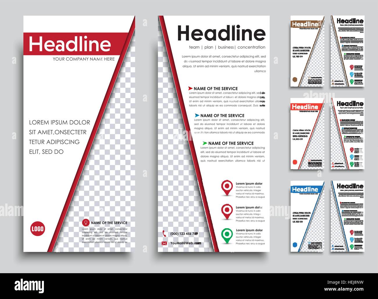 Set flyers size of 210h99 mm. Templates 2 white pages with colored ...