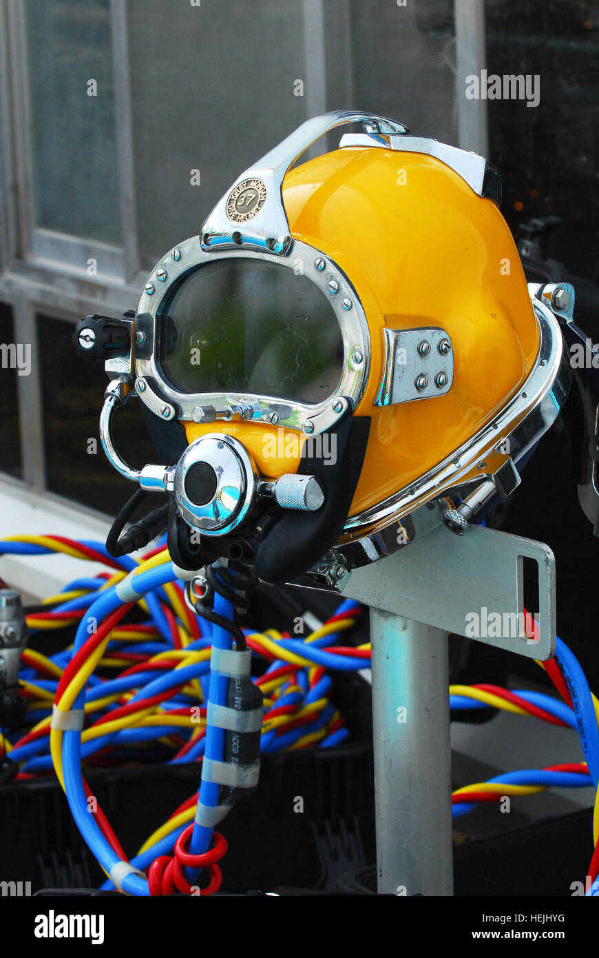 A diving helmet belonging to the 86th Engineer Dive Team rests on a ...