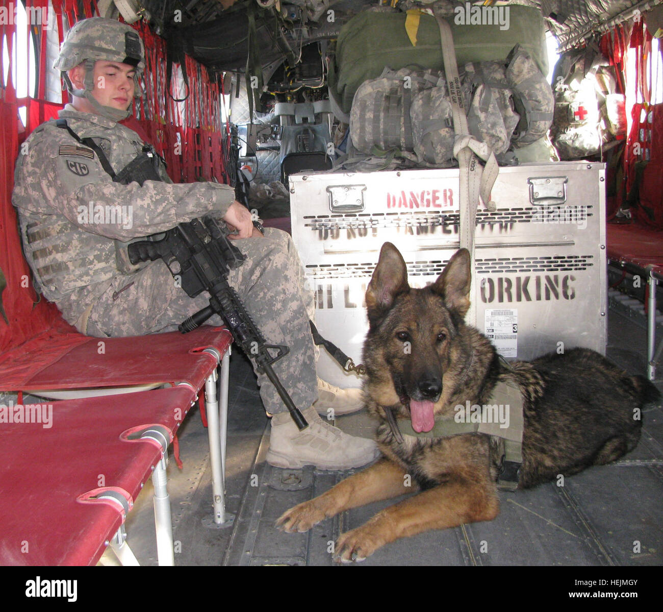 A U.S. Army military working dog and handler conduct aerial transport ...