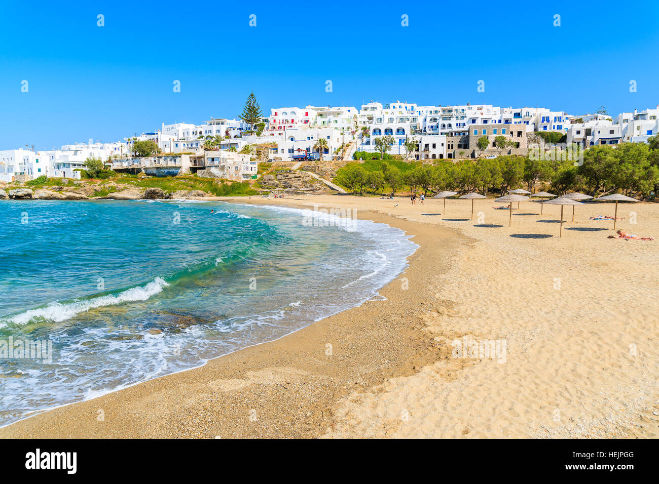 View of beautiful beach in Naoussa town, Paros island, Greece Stock ...