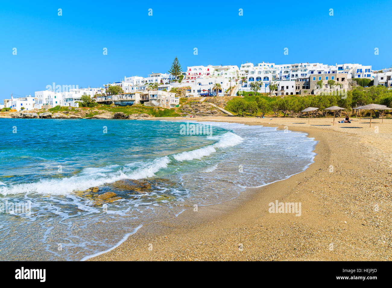 View of beautiful beach in Naoussa town, Paros island, Greece Stock ...