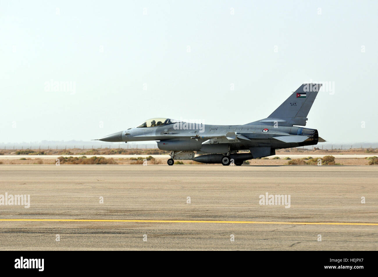 An F-16 Fighting Falcon lands at Mwaffaq Salti Air Base, Jordan, during ...