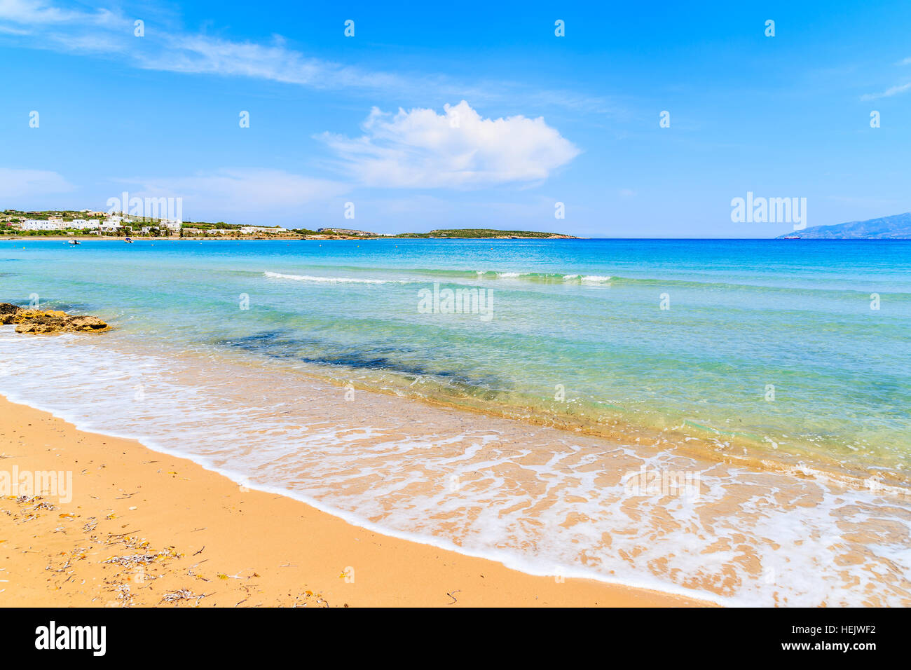 View of beautiful sandy Santa Maria beach with azure sea water on coast ...