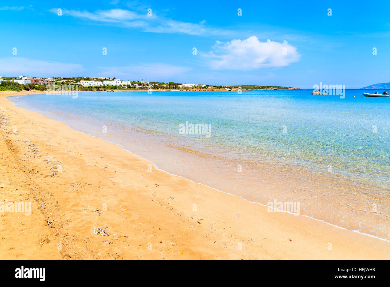 View of beautiful sandy Santa Maria beach with azure sea water on coast ...