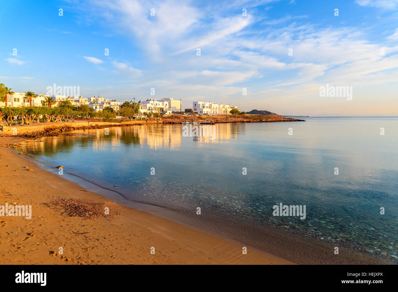 A view of beach in Naoussa village at sunrise time, Paros island ...