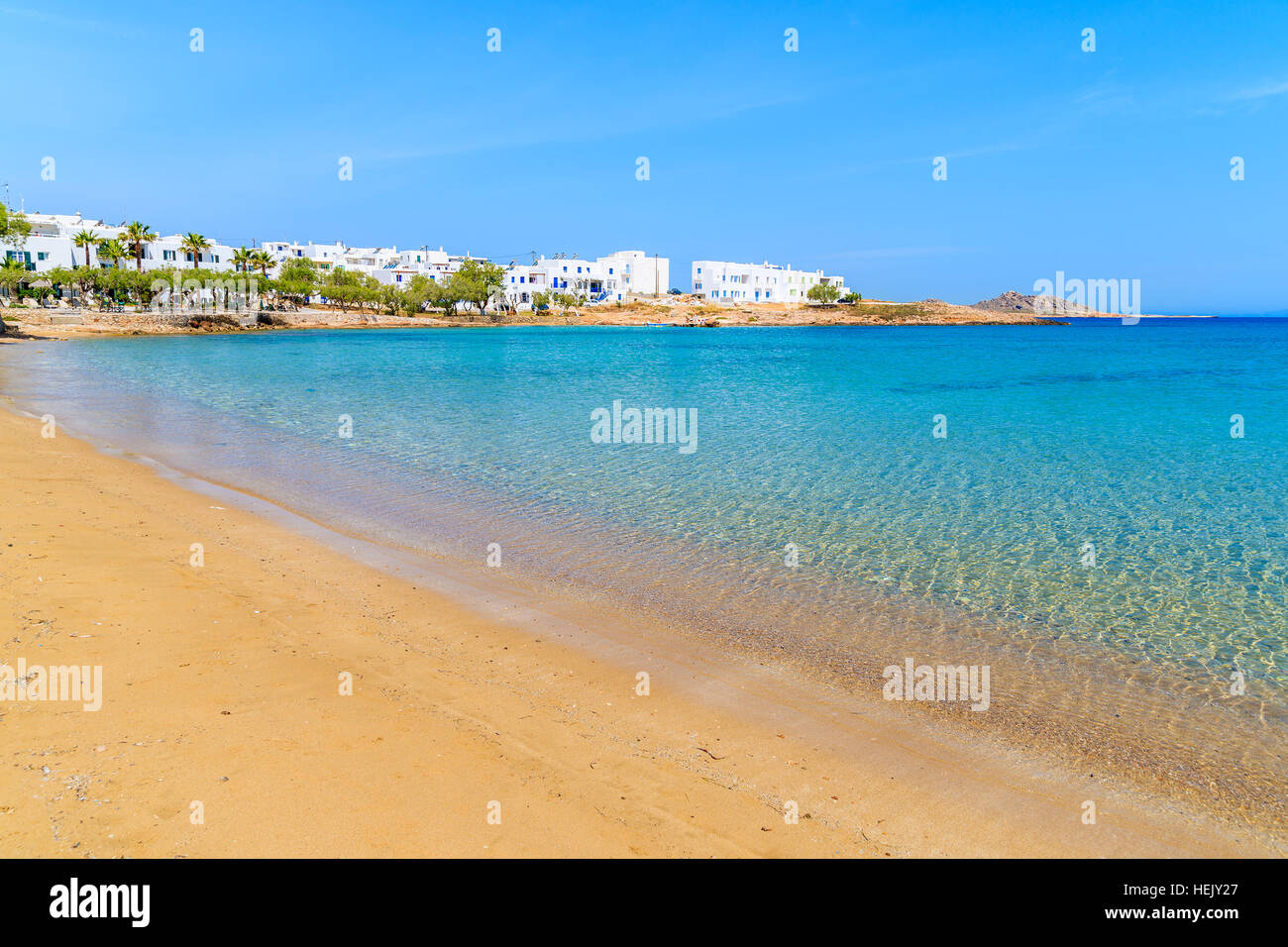 Crystal clear turquoise sea water of a beach in Naoussa village, Paros ...