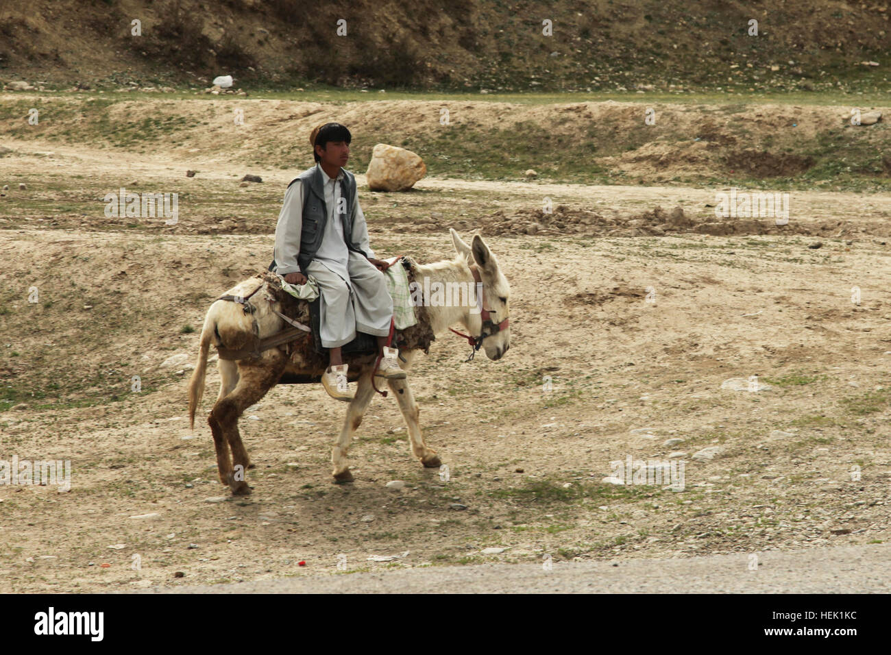 An Afghan boy rides a donkey into the village of Salar, Sayed-Abad ...