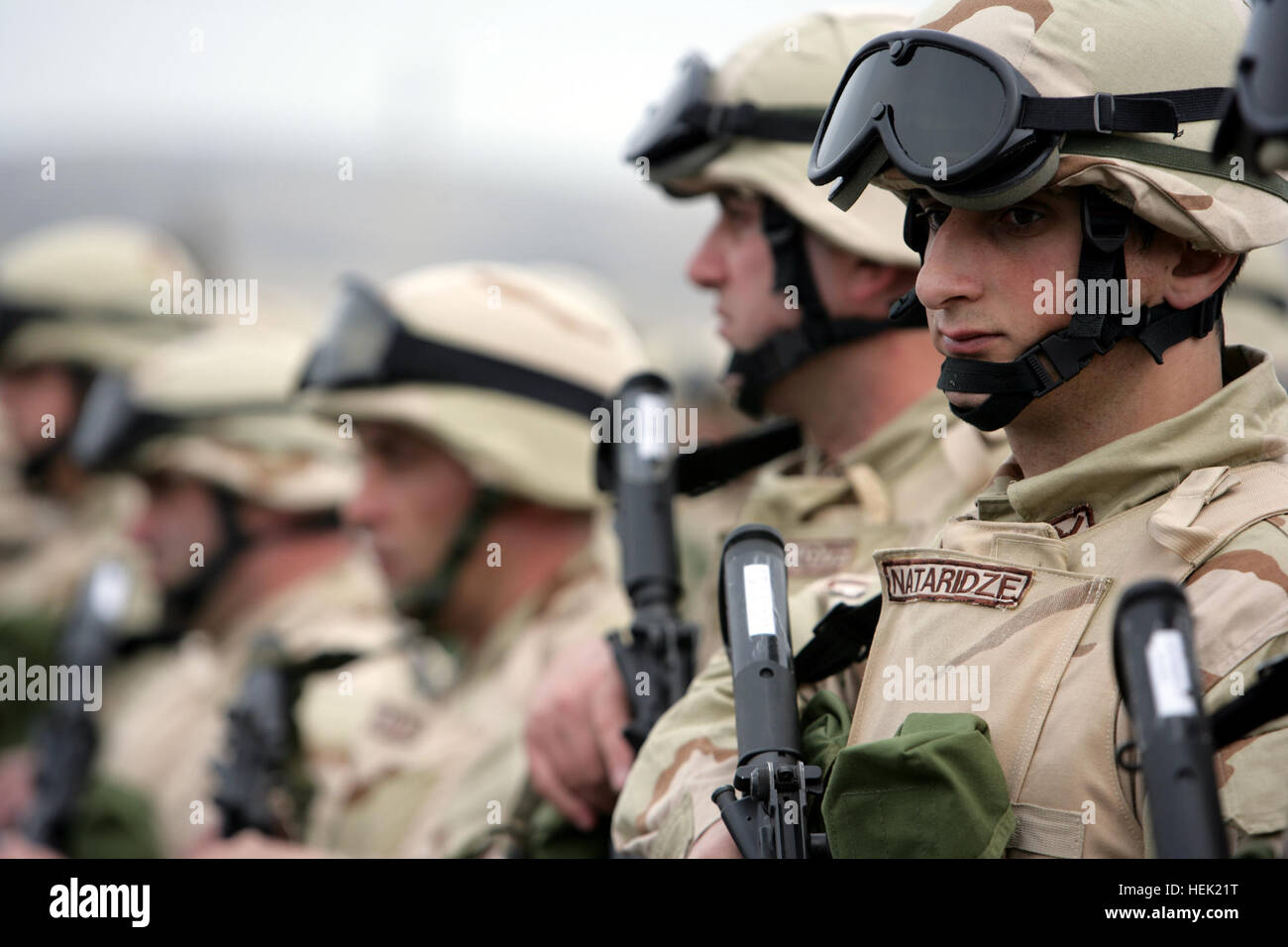 A Republic of Georgia soldier stands in formation during a ceremony ...
