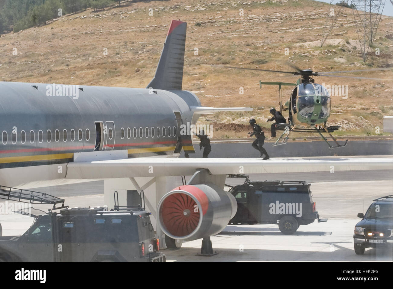 Jordanian Special Operators give a demostration of an aircraft takedown ...