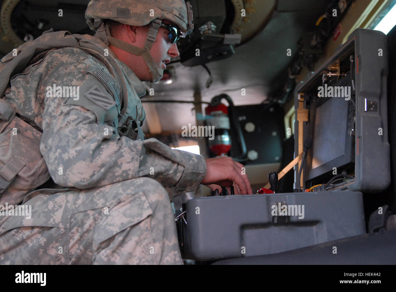 A U.S. Army combat engineer from the 23rd Engineer Company operates a ...