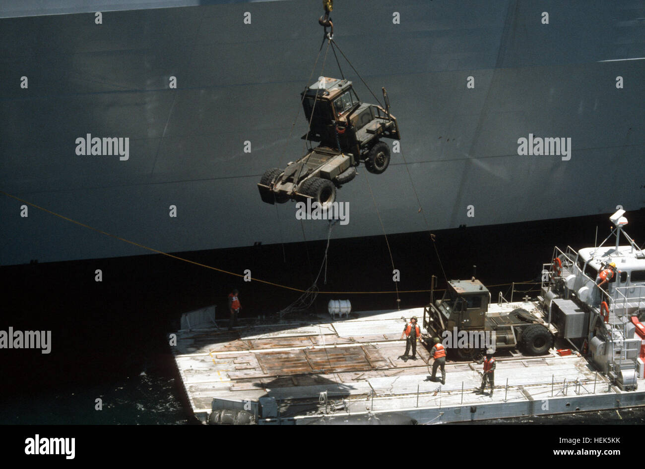 Ground support equipment is lowered onto a US Army LACV-30 (Lighter Air ...