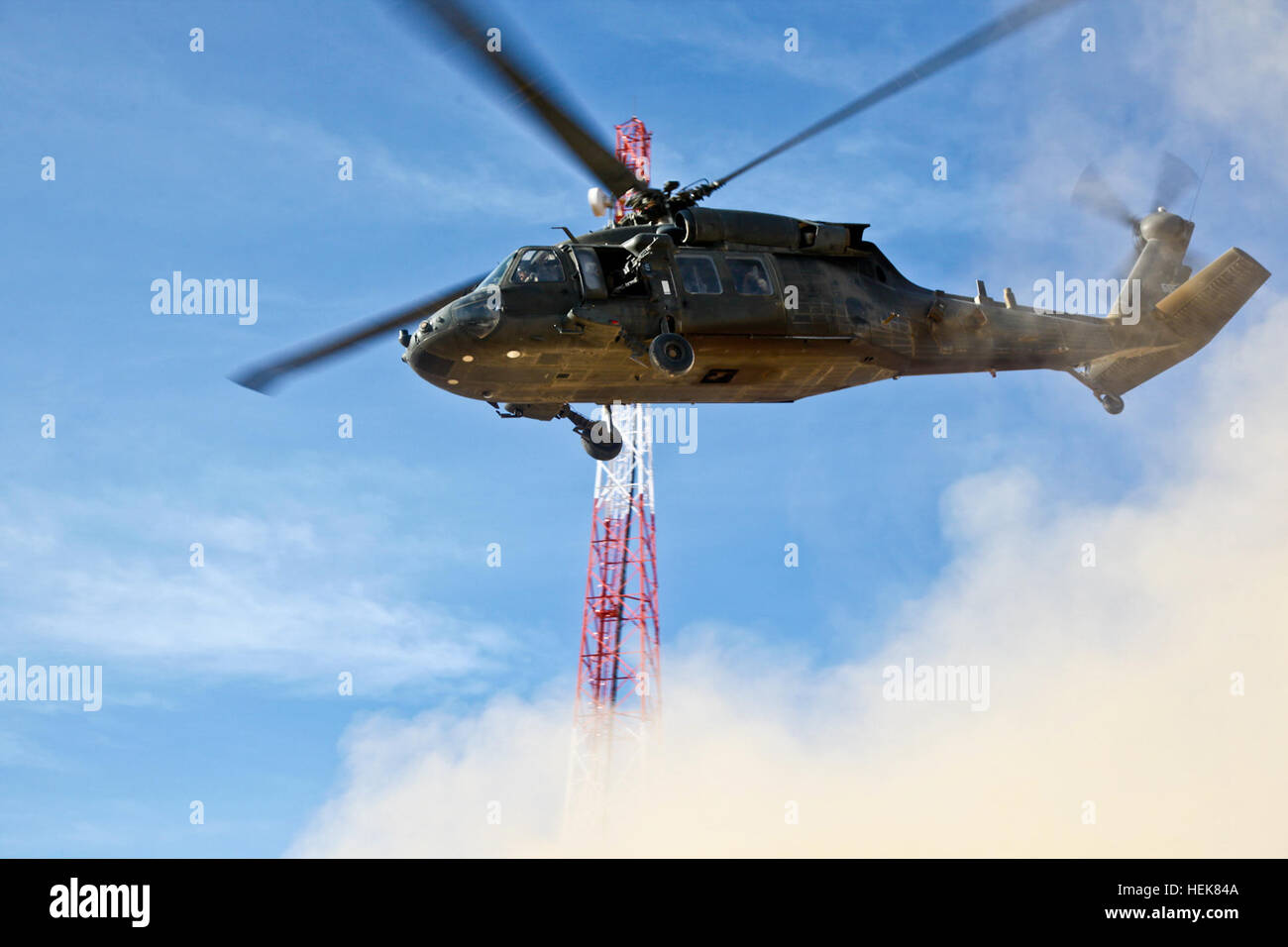 A UH-60 Black Hawk helicopter takes off near the Deh Yak District ...