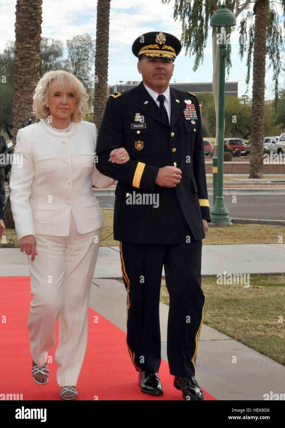 Arizona Gov. Jan Brewer is escorted by Army Maj. Gen. Hugo E. Salazar ...