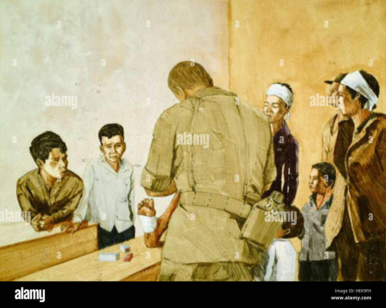 This artwork depicts scenes from the Vietnam War, illustrating ...