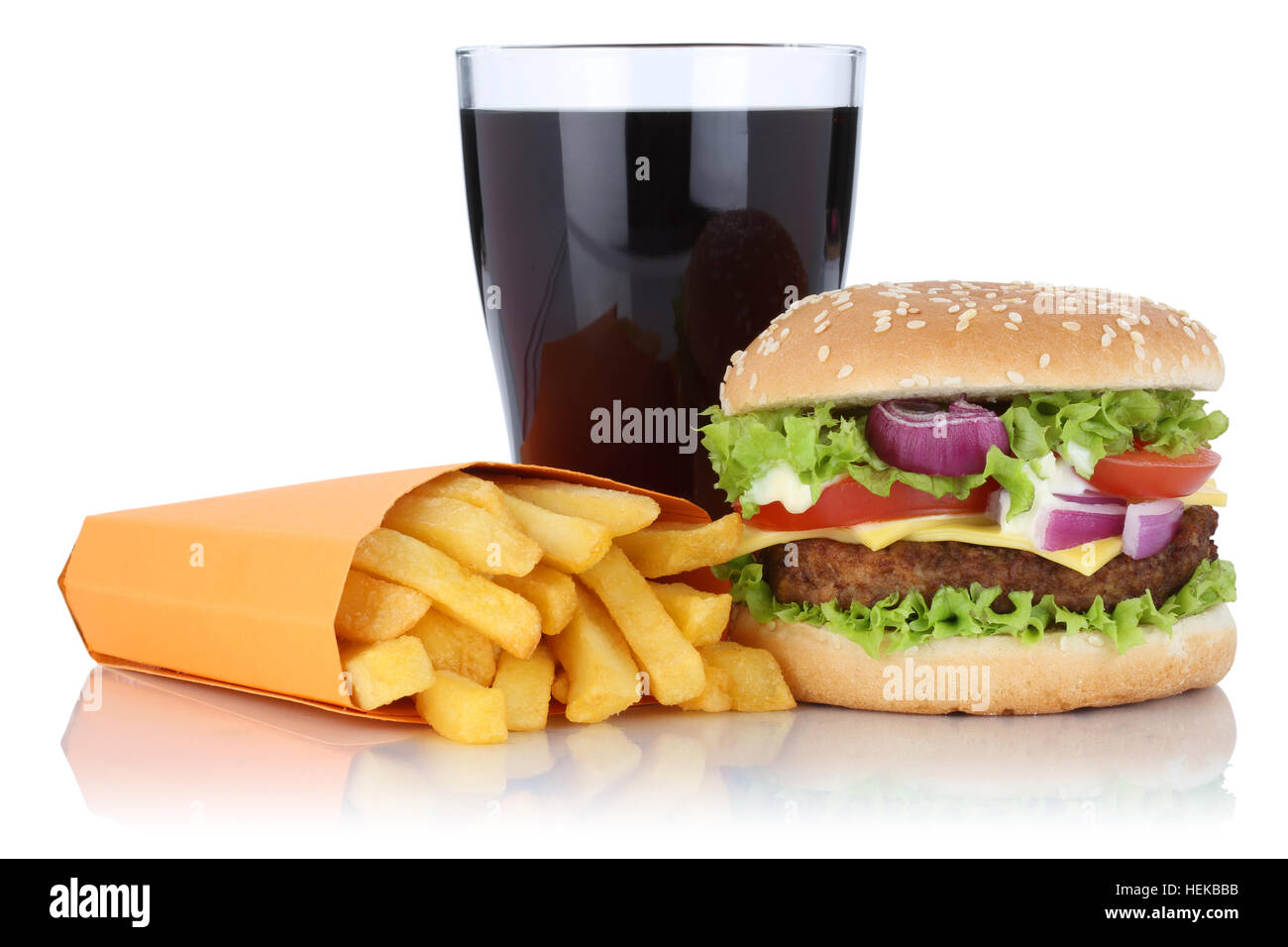 Cheeseburger hamburger and fries menu meal combo cola drink isolated on ...