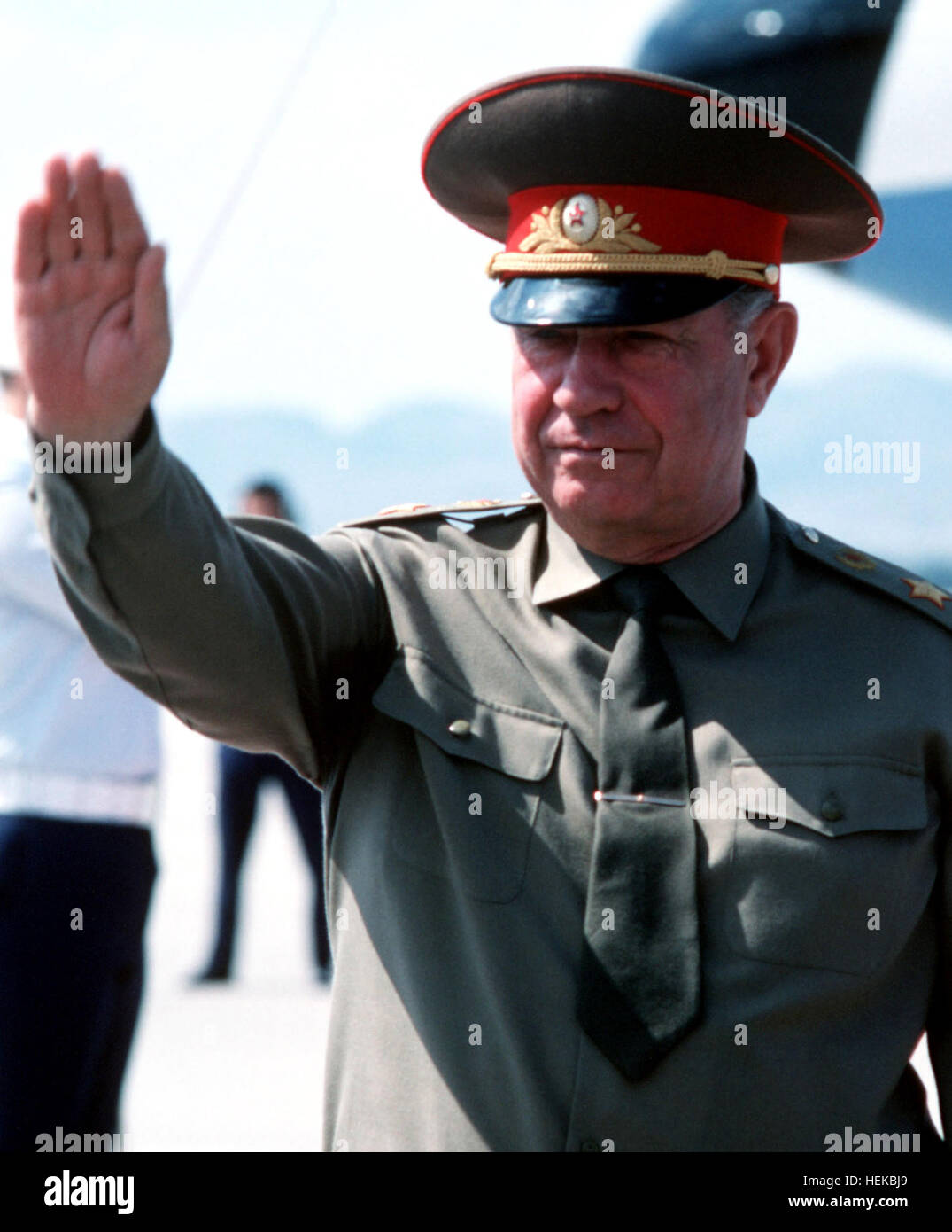 Soviet Defense Minister General Dmitriy T. Yazov, waves after bidding ...