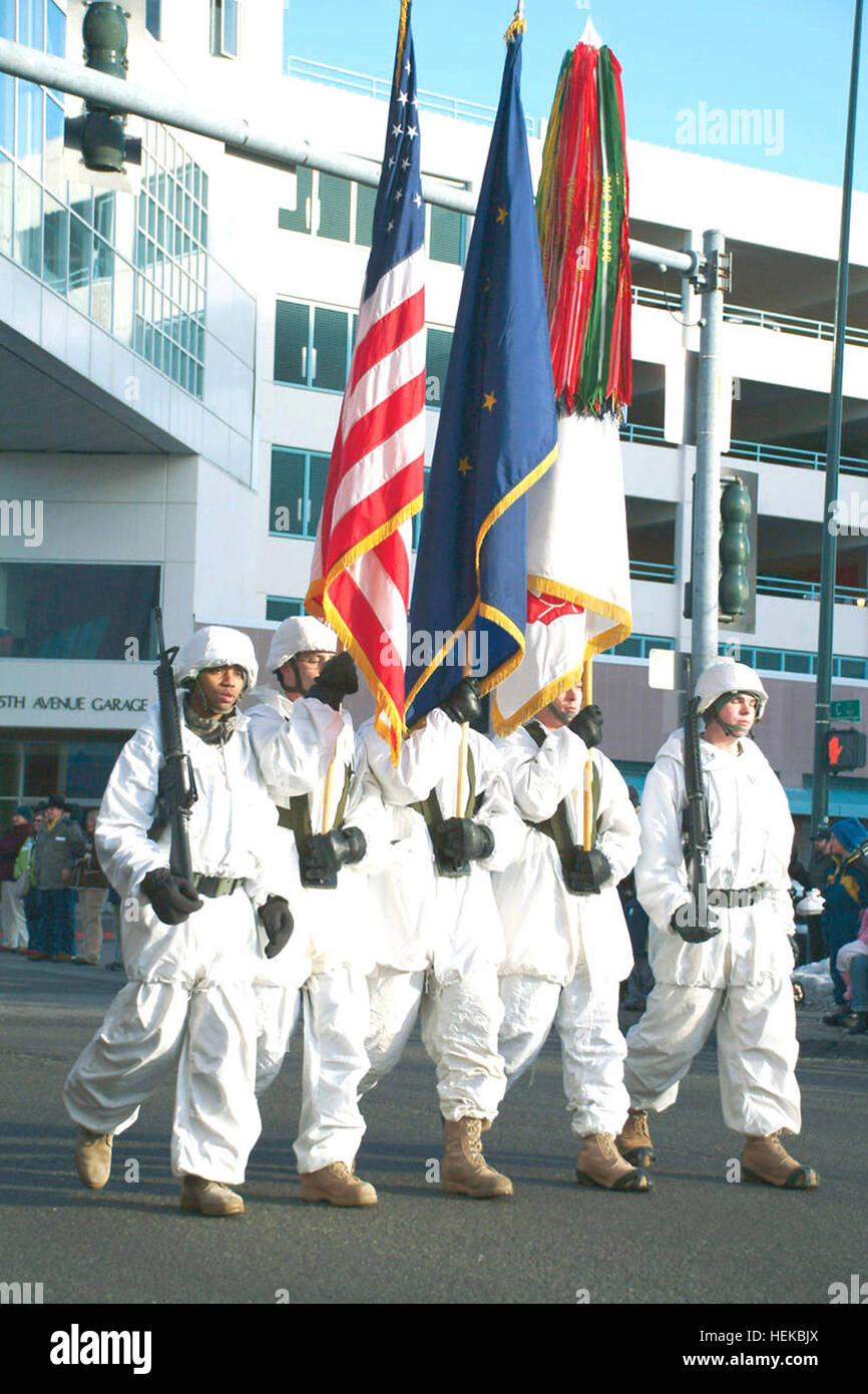 Members of the U.S. Army Alaska color guard march in the 2008 Fur ...