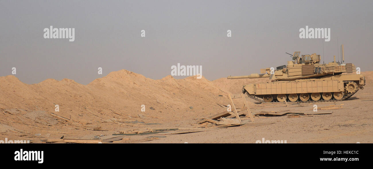 An M1A2 Abrams tank sits in its position before zeroing the 120 mm main ...
