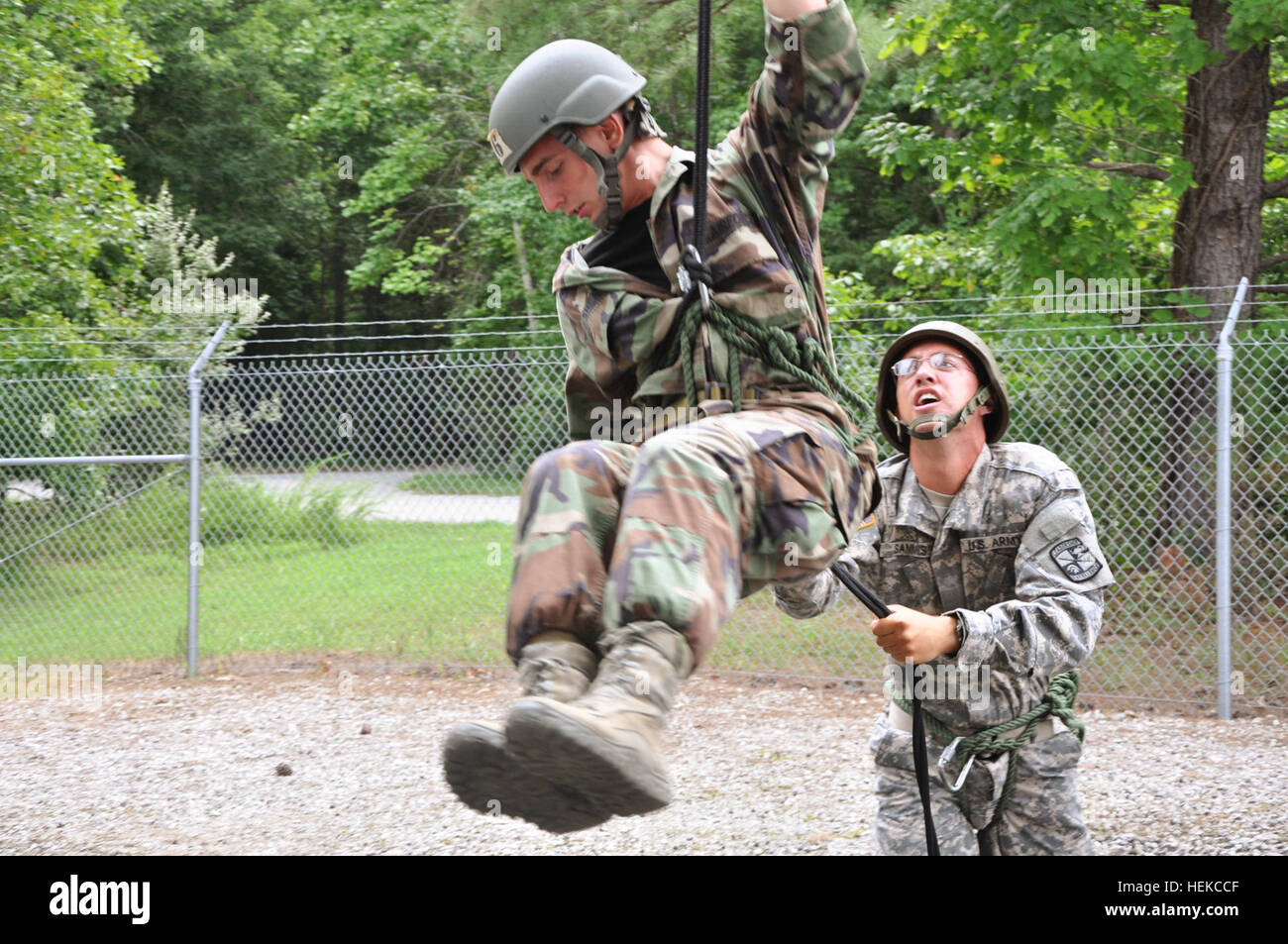 Soldiers and airmen conduct rappelling tests during Phase III of the U ...