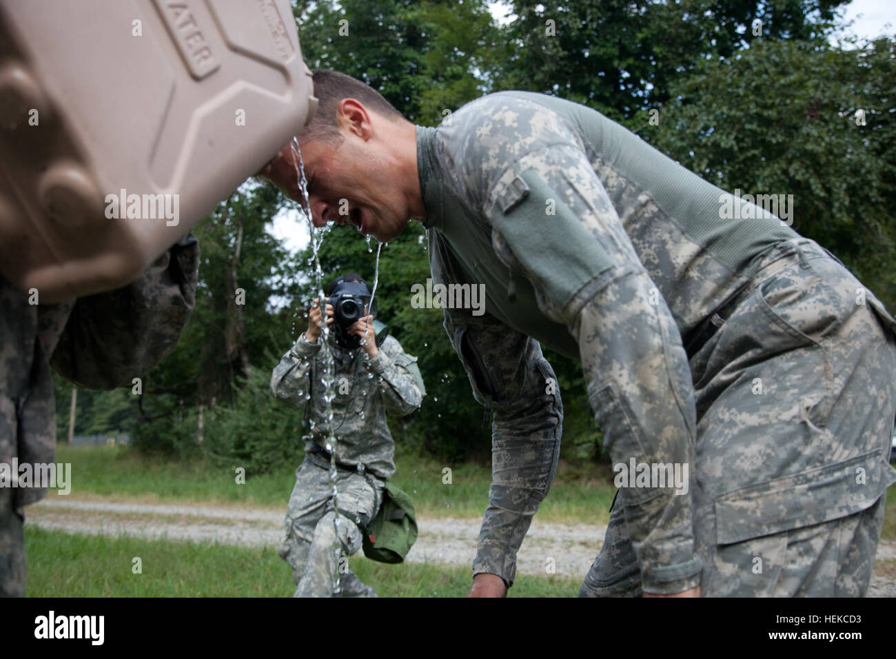 A U.S. Army officer exits a CS gas chamber during a field training ...