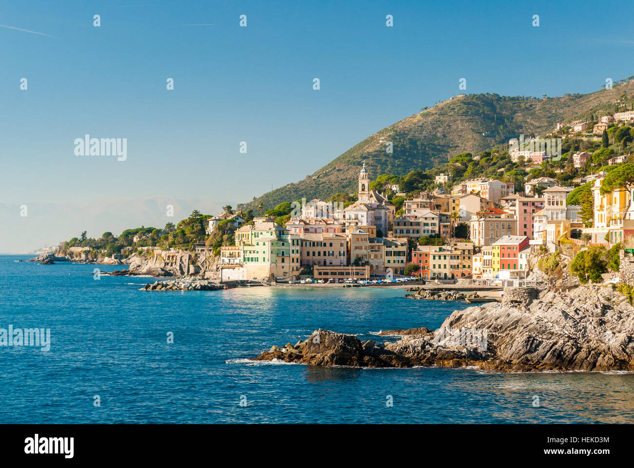 Panoramic view of Bogliasco, small sea village near Genoa (northern ...