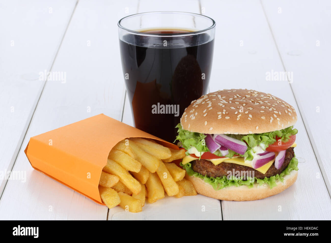 Cheeseburger hamburger and fries menu meal combo cola drink Stock Photo ...