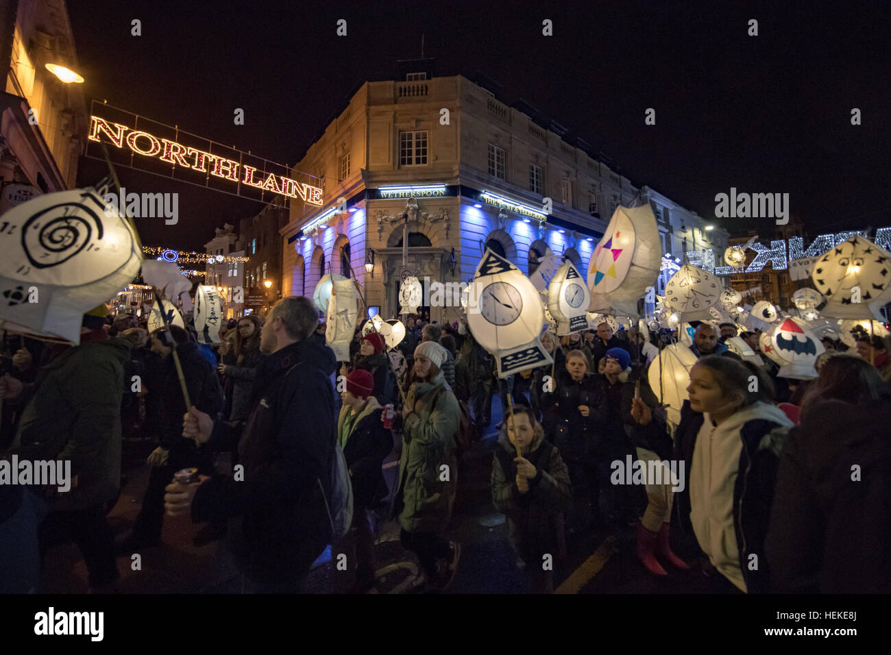 Brighton, UK. 21st December, 2016. Burning the Clocks Lanterns lit up ...