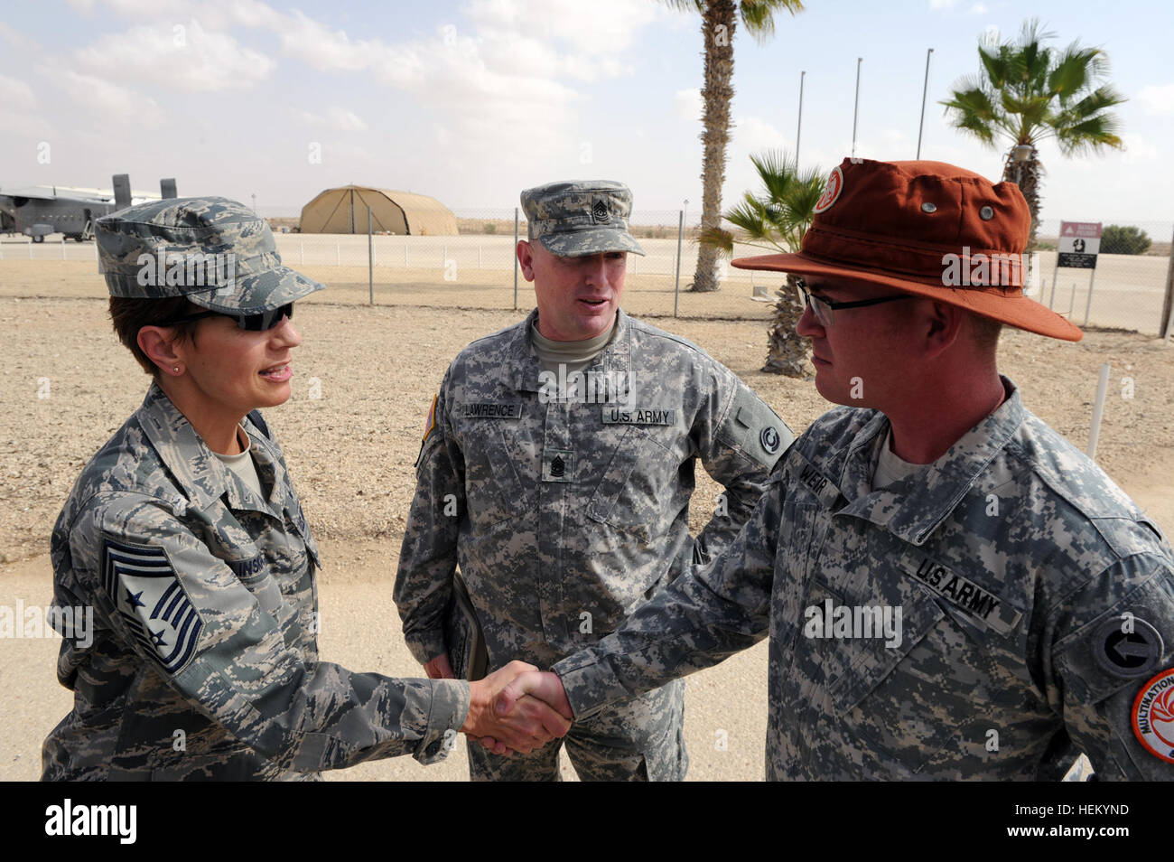 Air Force and Army senior enlisted leaders meet with a trooper at MFO ...
