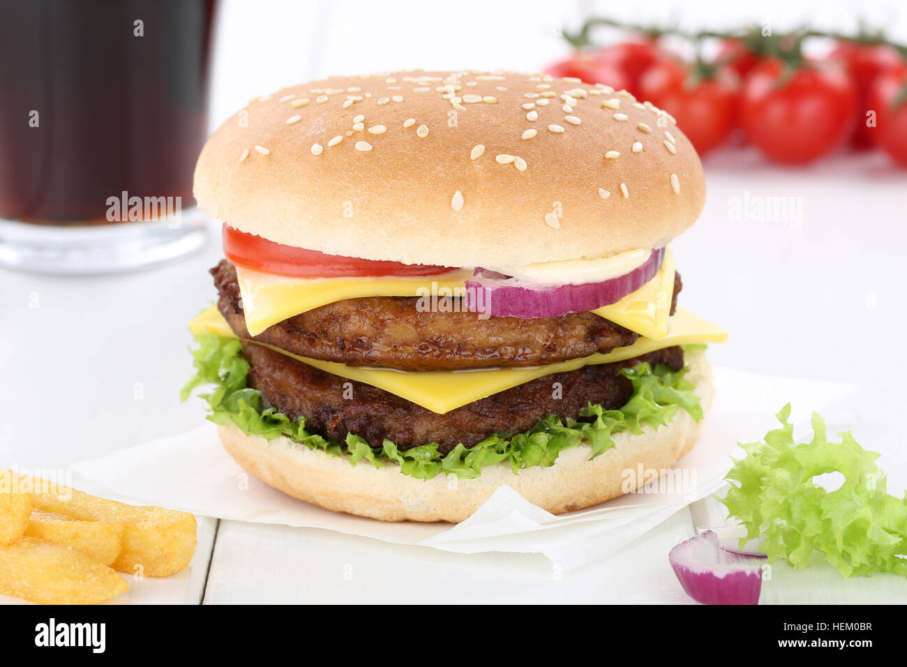 Double cheeseburger hamburger menu meal combo cola drink Stock Photo ...