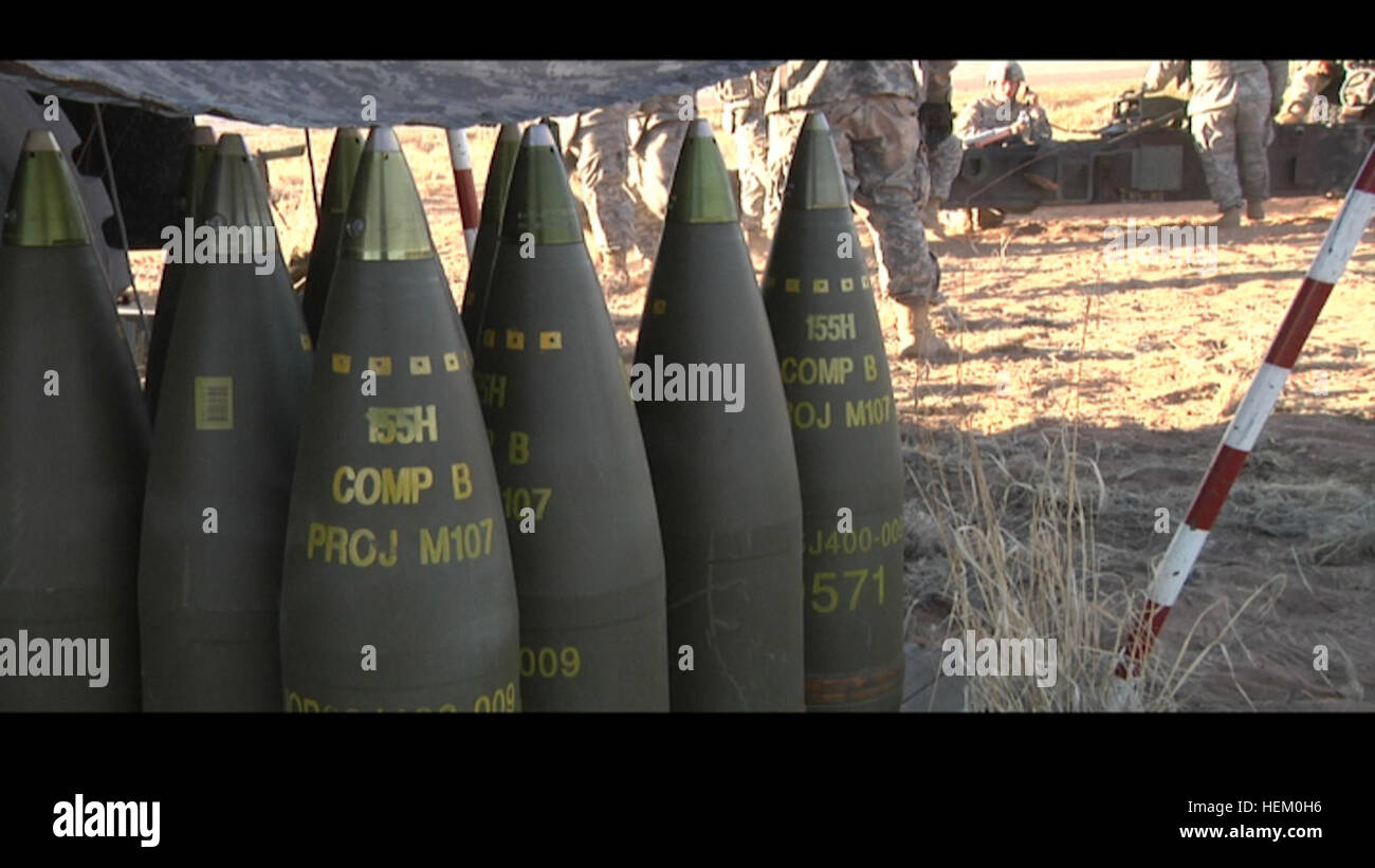 Several 155 mm High Explosive Projectiles ready to be shot from a M198 ...