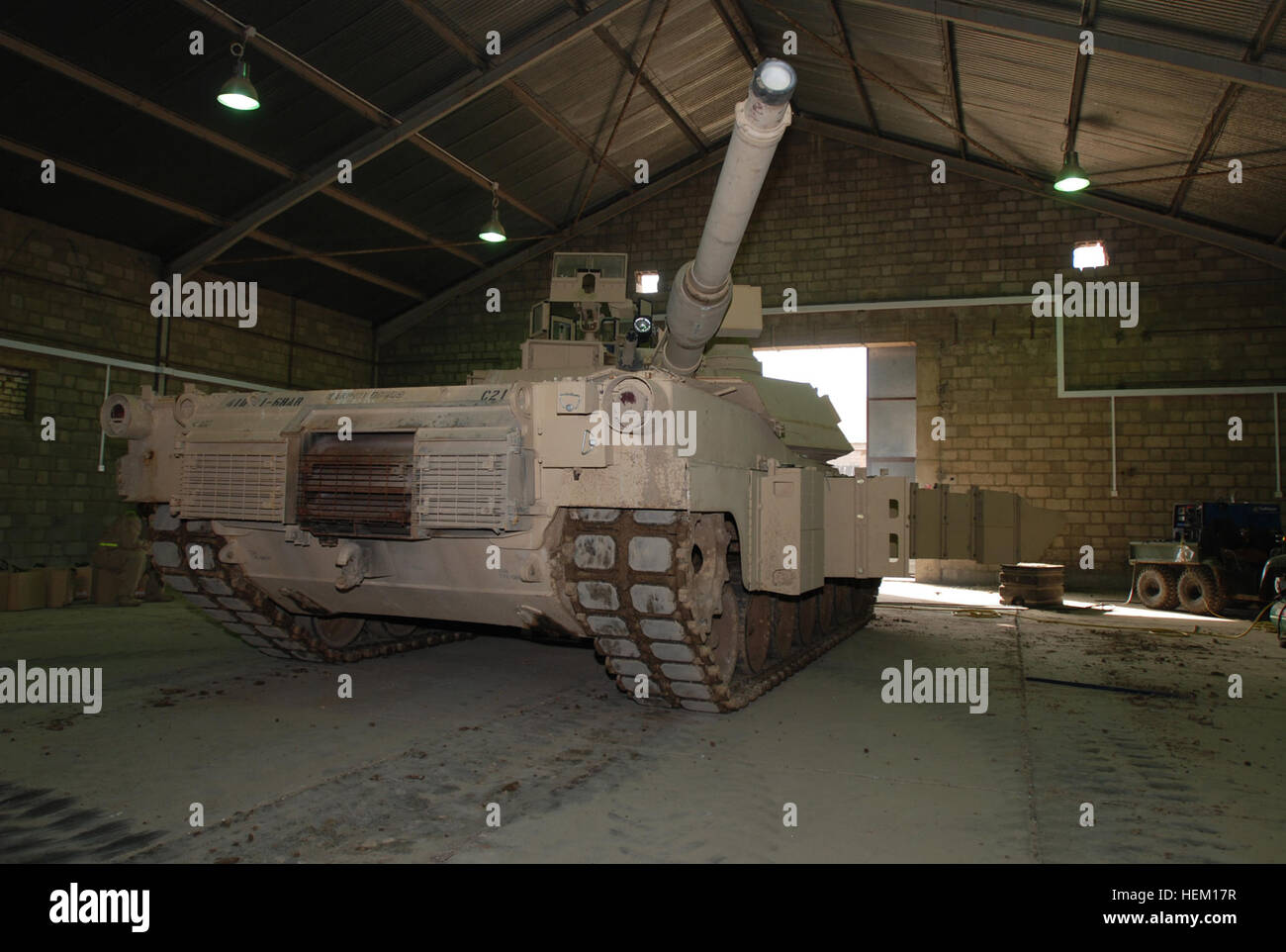 An M1-A2 Abrams tank is in a warehouse being upgraded for Soldiers in ...