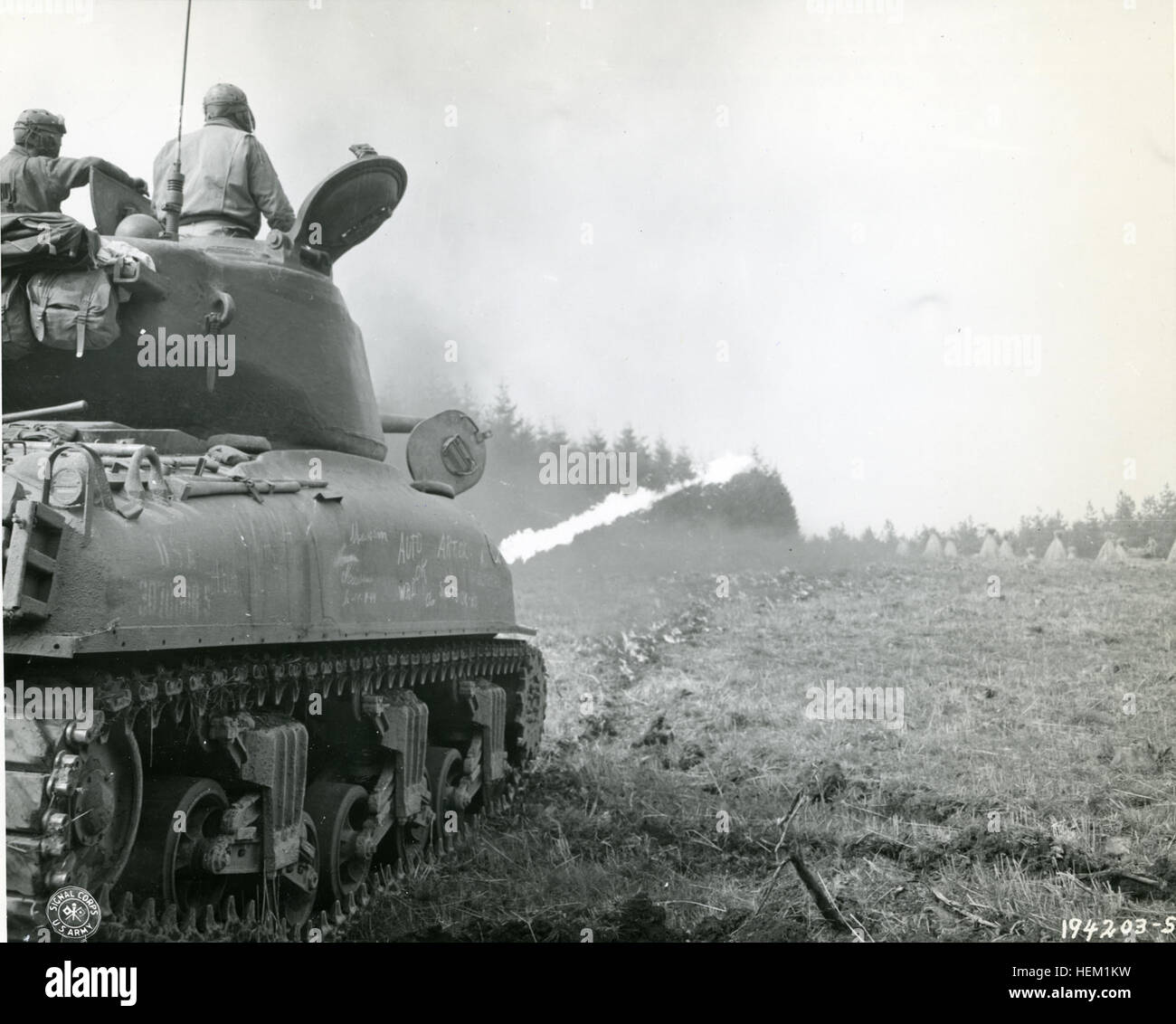 A flamethrower is mounted on a military tank for combat operations ...