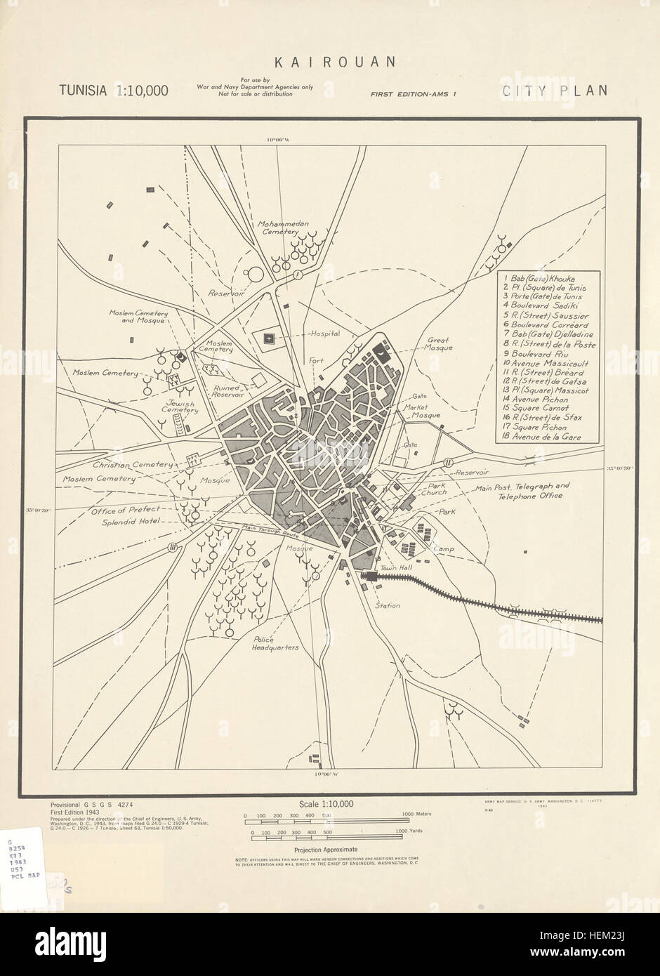 A 1942 U.S. Army map of Kairouan displays terrain features, roads ...