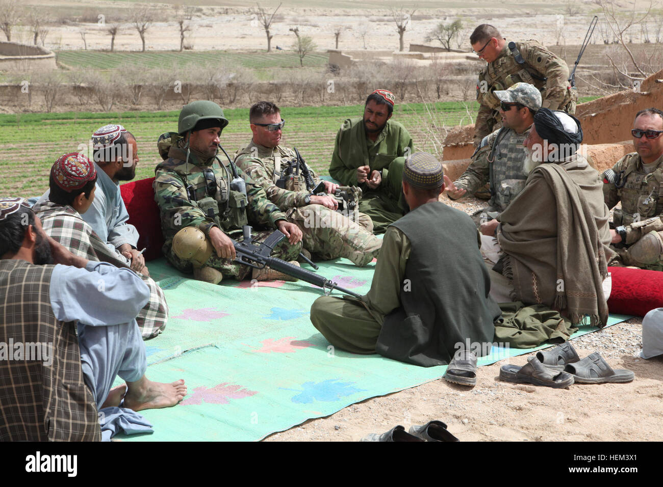 Capt. Erik Grant and Afghan National Army soldiers conduct a shura with ...