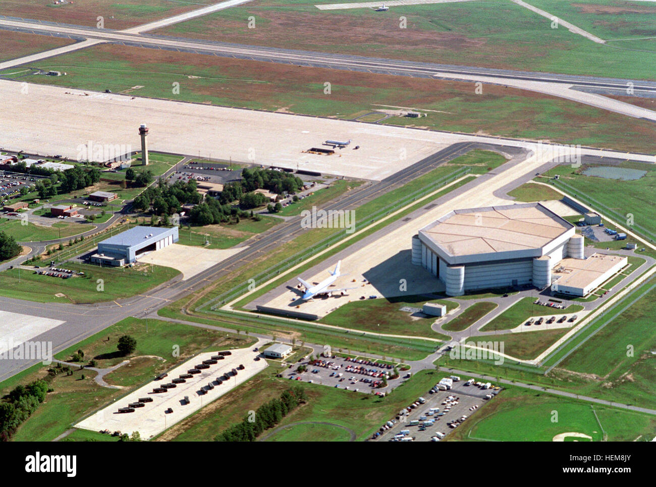 An aerial view of the Air Force One hangar facility at the base. One of ...