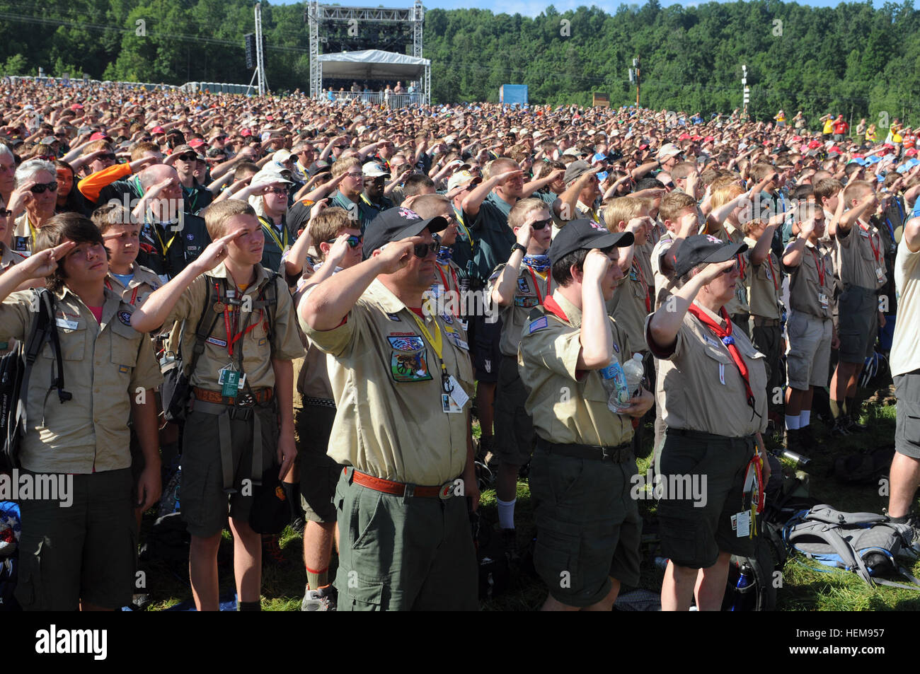 Thousands of scouts salute during the presentation of colors at the ...