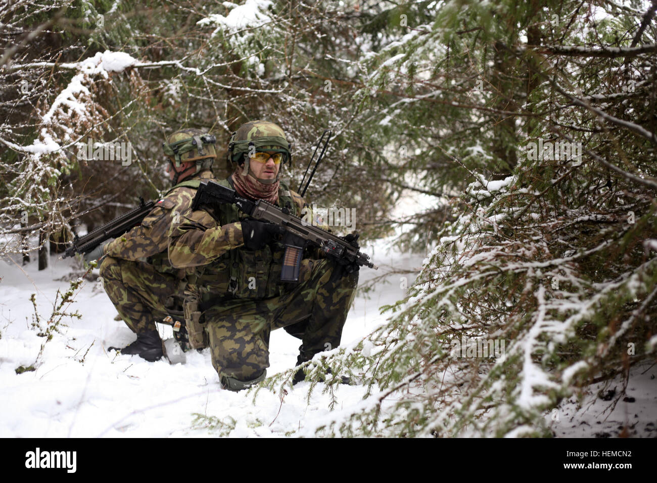 Czech army soldiers pull security while on patrol through the woods ...