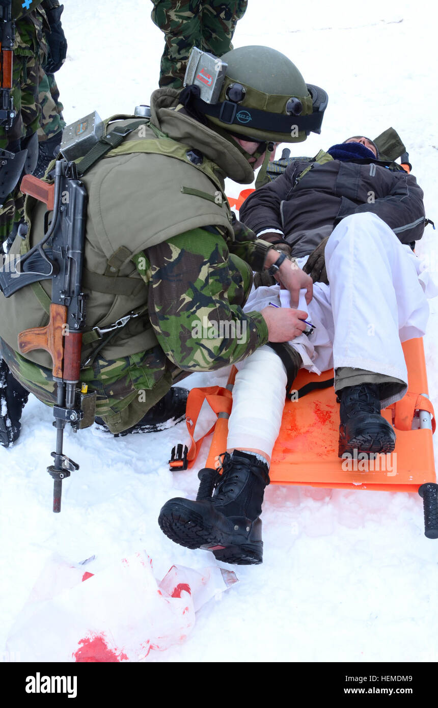 A Romanian army soldier administers medical aid to a simulated casualty ...