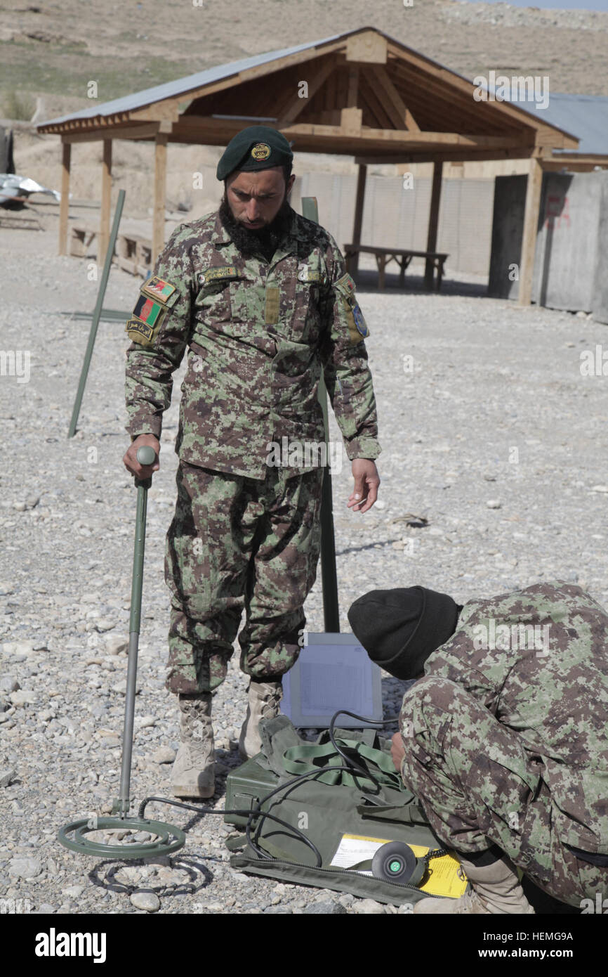Afghan National Army soldiers prepare a metal detector for an ...