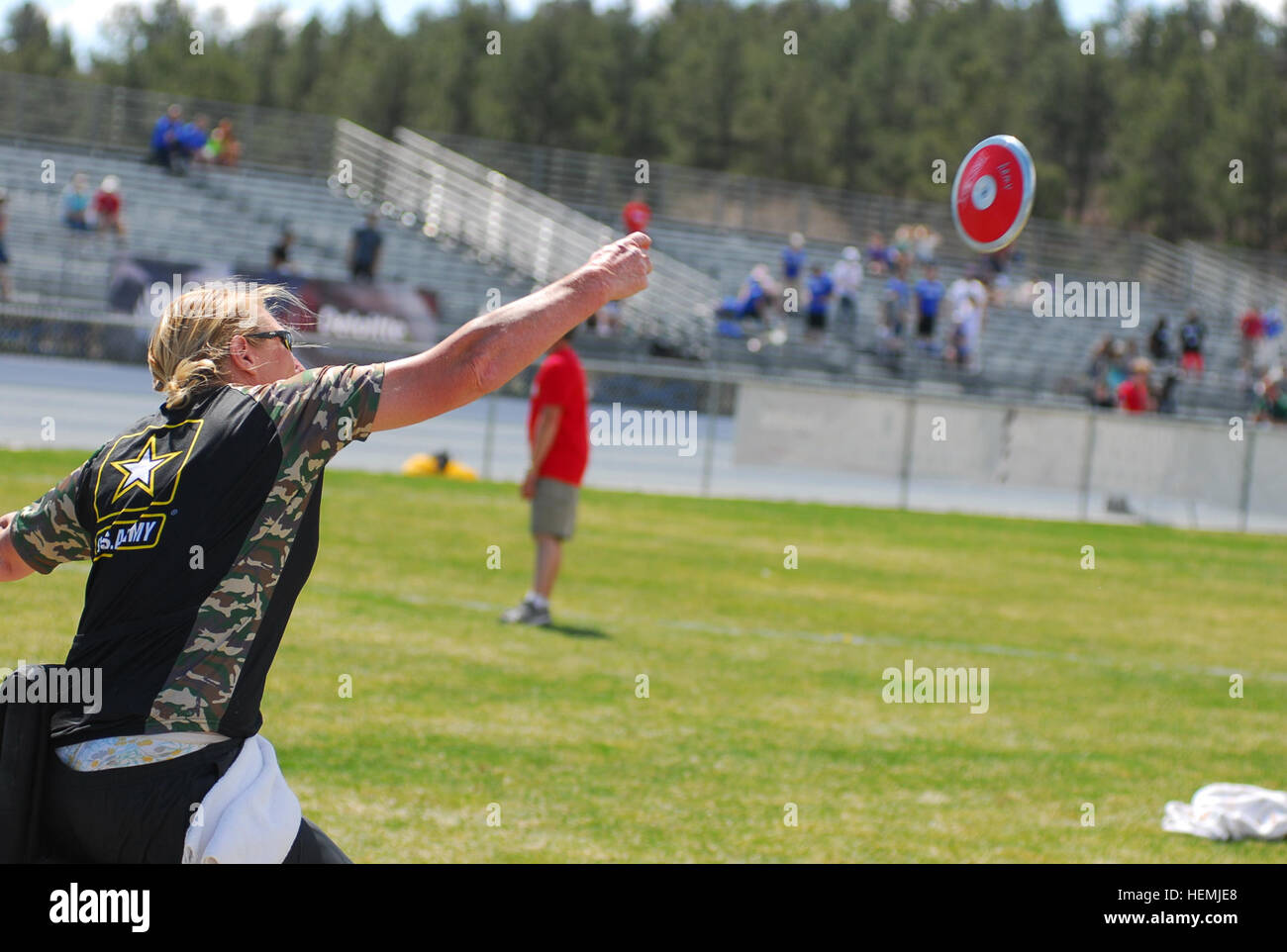 Army veteran Chanda Gaeth throws the discus during the sitting discus ...