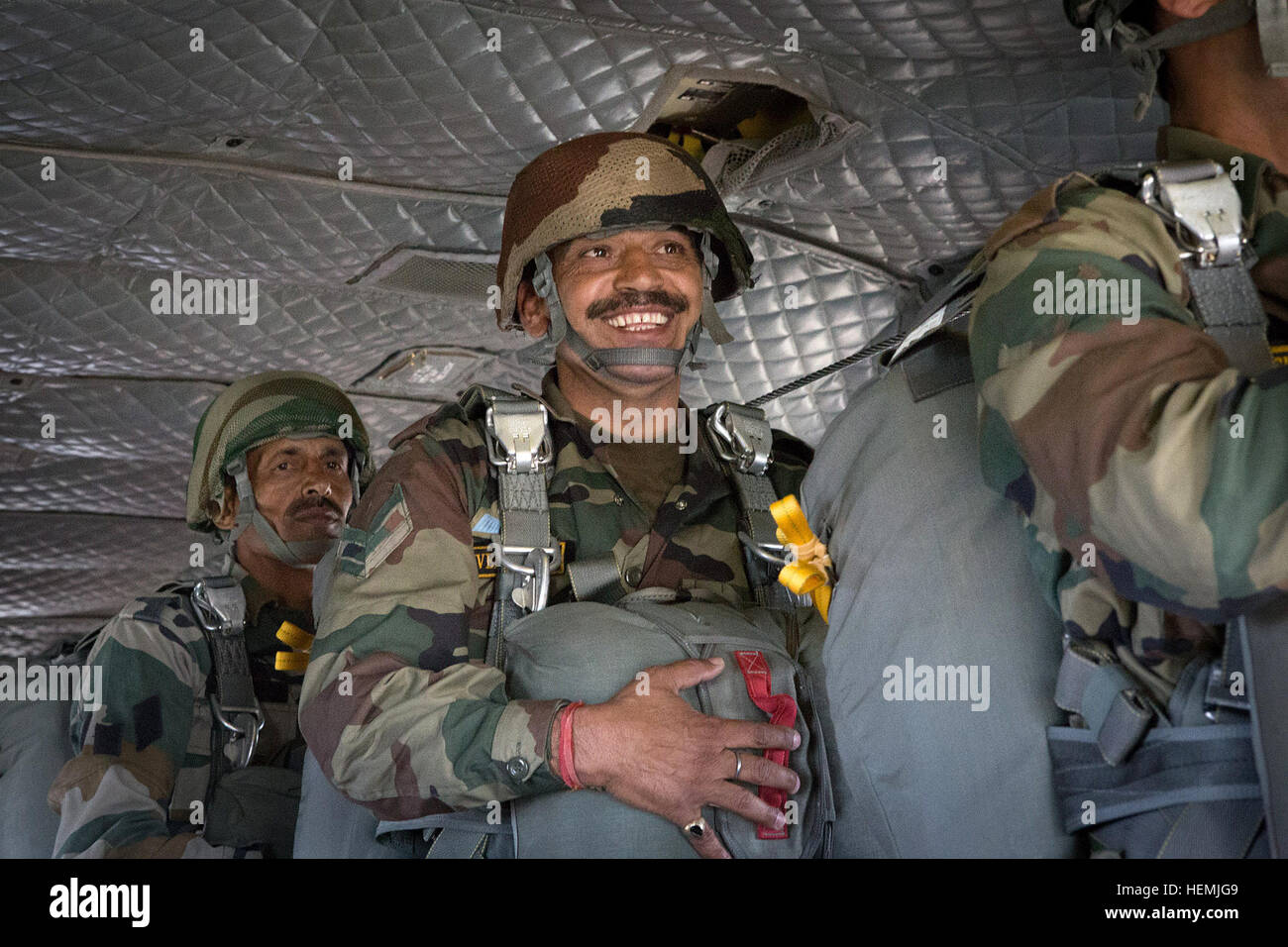 An Indian Army paratrooper smiles before jumping from a CH47 Chinook ...